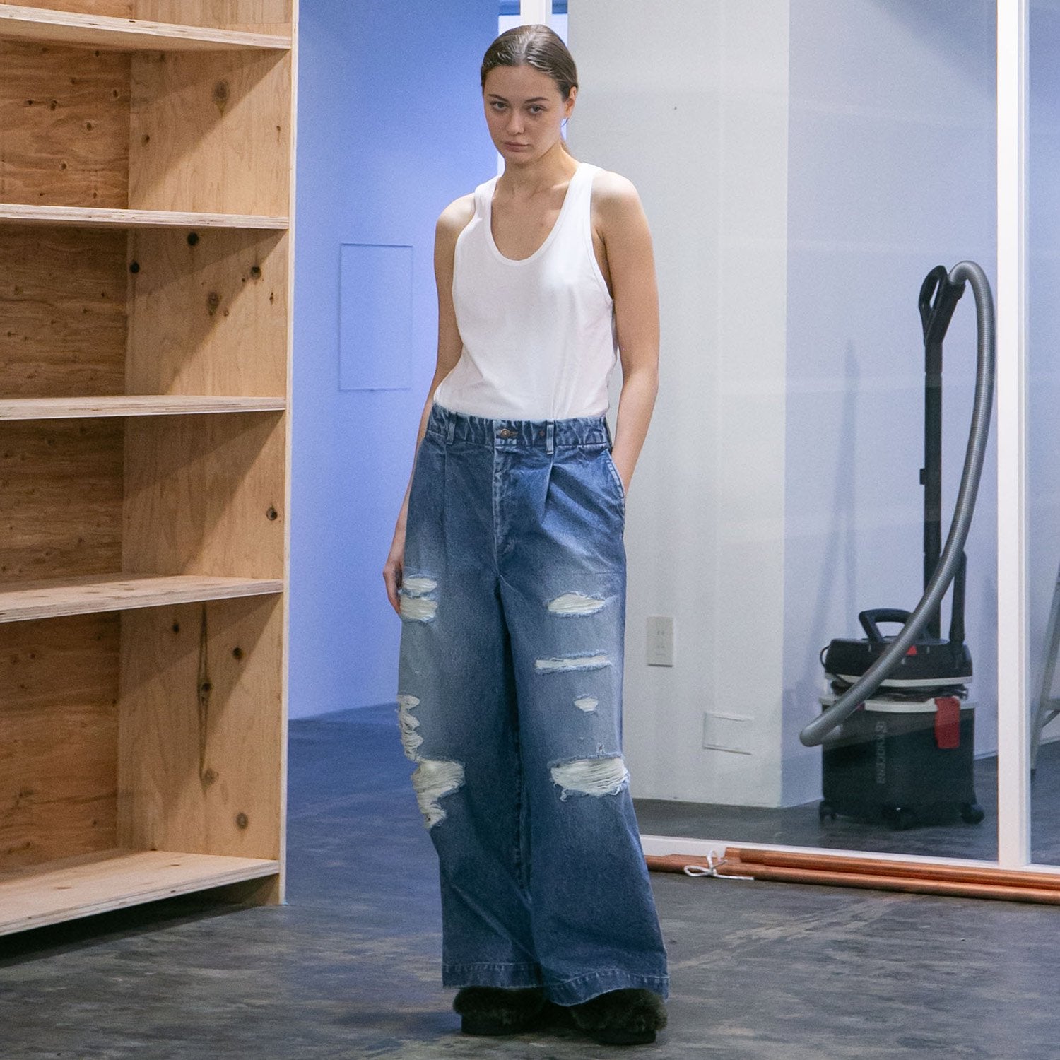 MY BEAUTIFUL LANDLET MBL-DMPT RIPPED DENIM TUCK WIDE PANTS ...