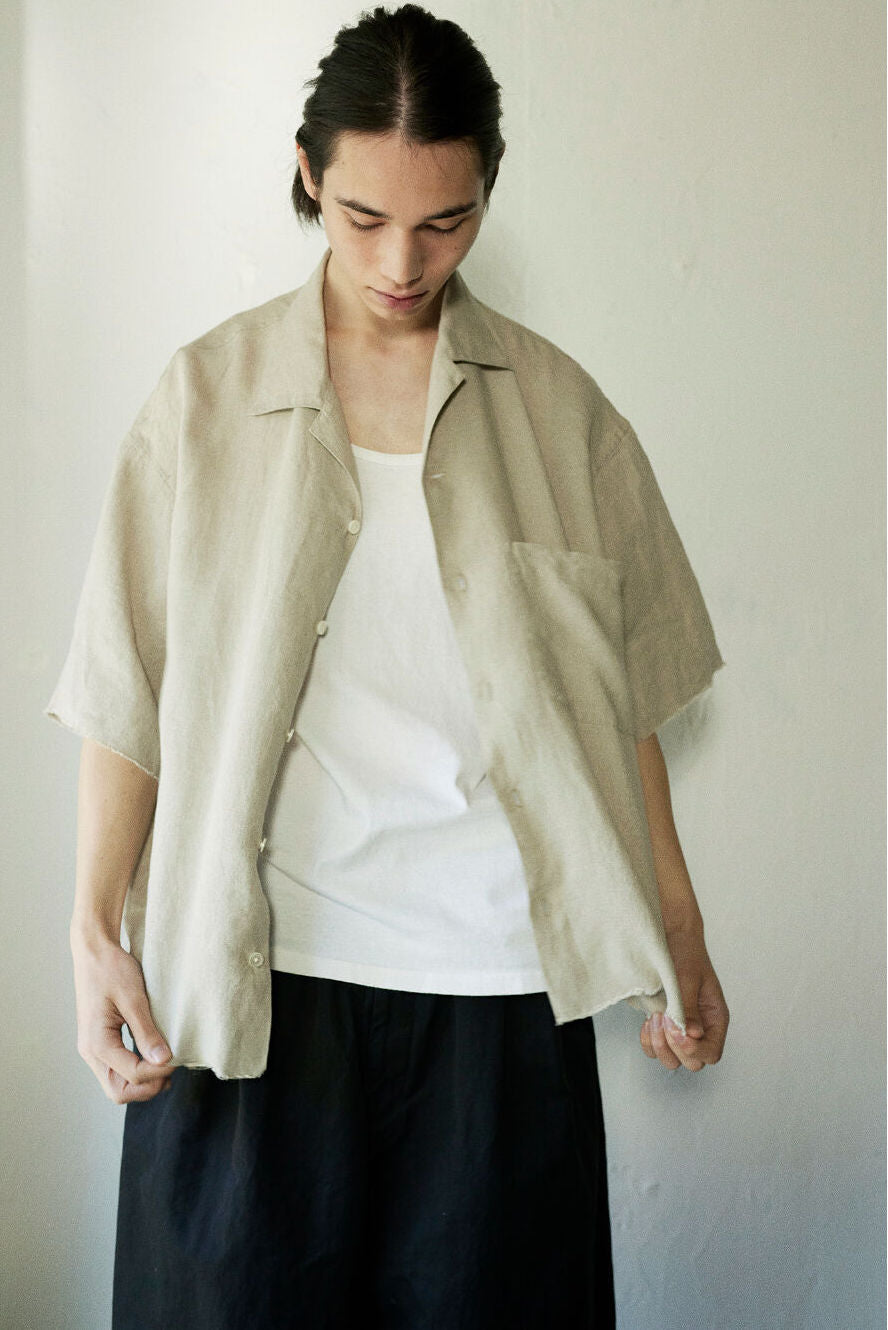 SUPERNOVA. SN-478 S/S CUT OFF OPEN COLLAR SHIRT - LINEN – hideandseekStore