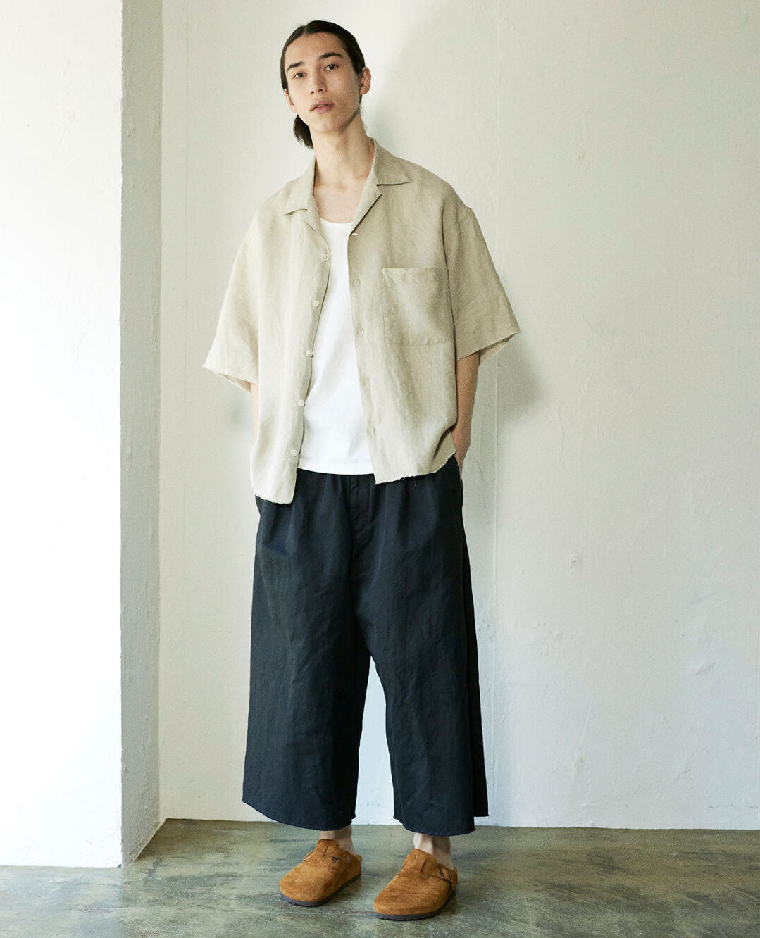 SUPERNOVA. SN-478 S/S CUT OFF OPEN COLLAR SHIRT - LINEN – hideandseekStore