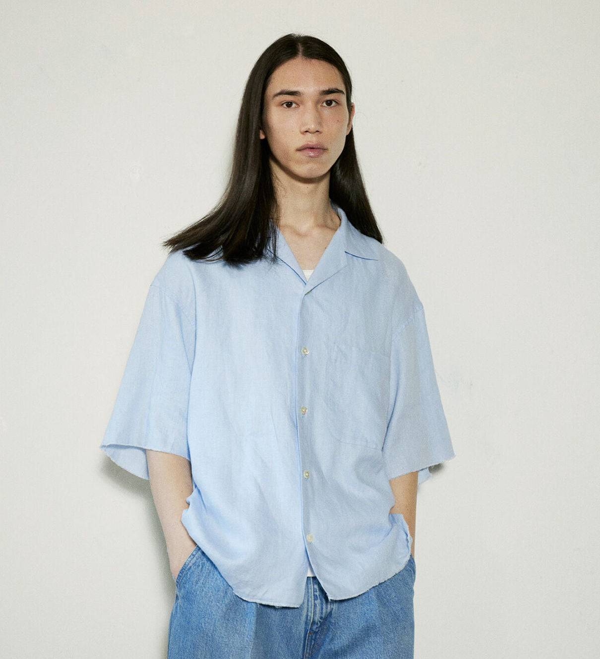 SUPERNOVA. SN-478 S/S CUT OFF OPEN COLLAR SHIRT - LINEN – hideandseekStore